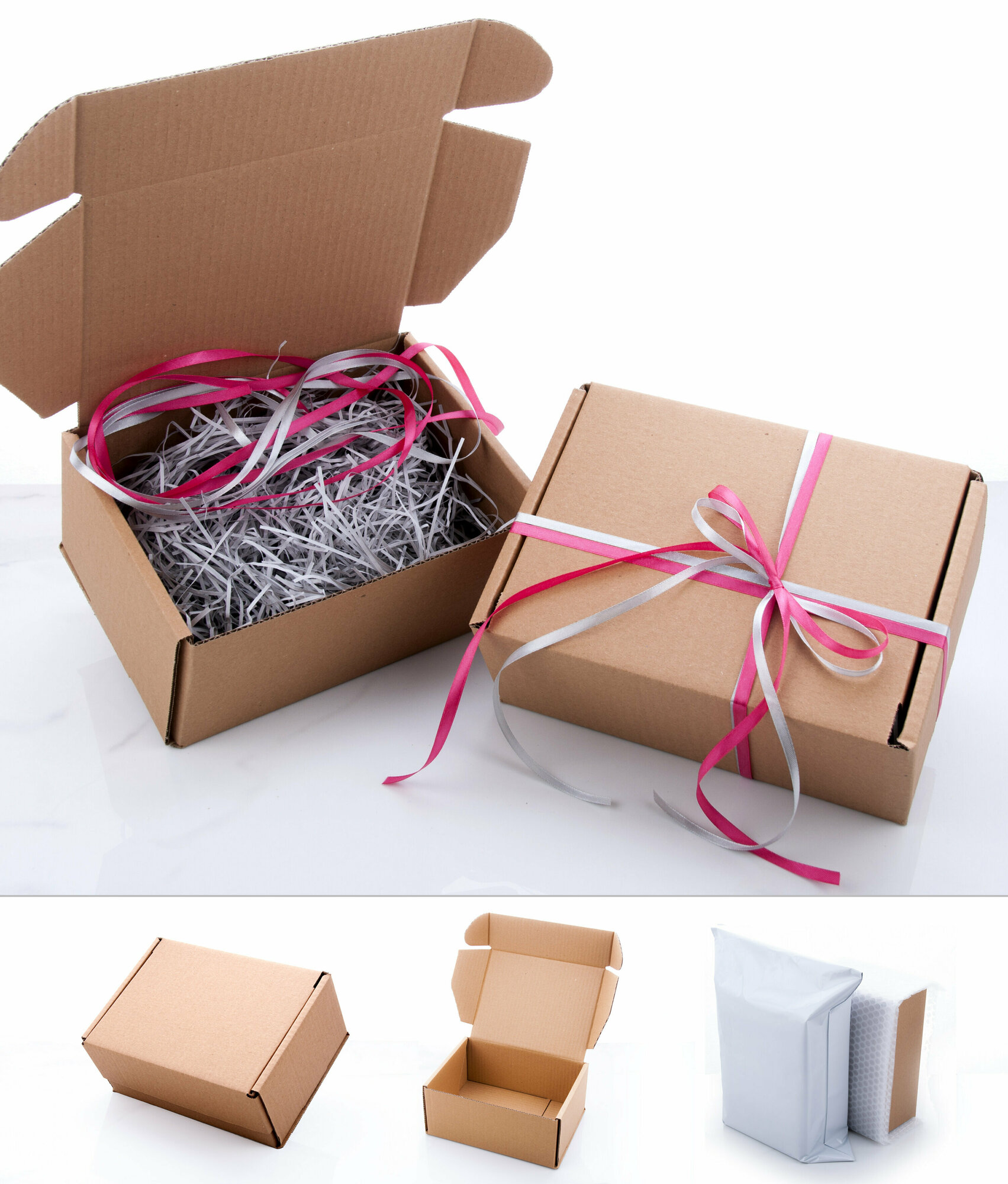 Крафтовая подарочная коробка (22 х 16,5 х 10 см) с наполнителем и лентой