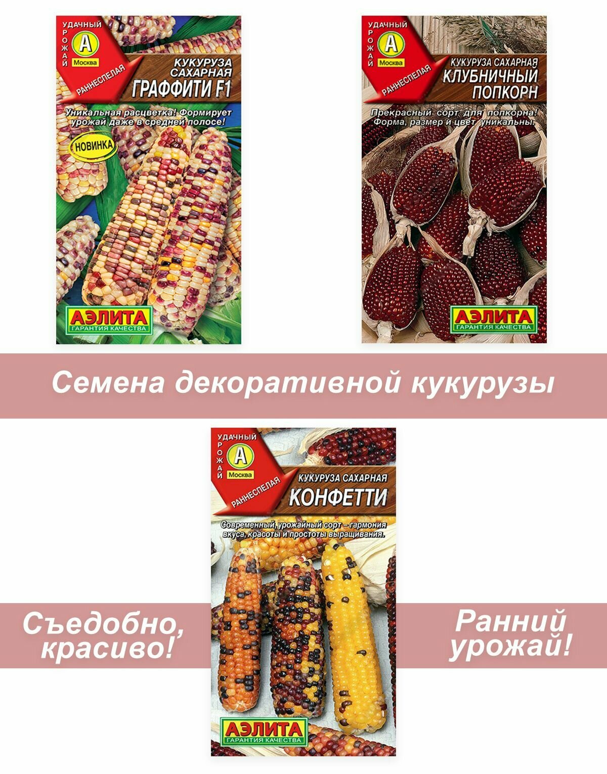 Семена кукурузы цветной декоративной съедобной, 3 шт