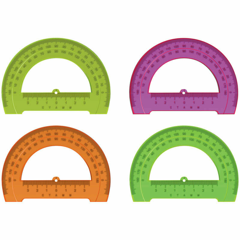 Транспортир 12см, 180° СТАММ, пластиковый, отливная шкала, прозрачный, неоновые цвета, ассорти, 20 штук, 007055