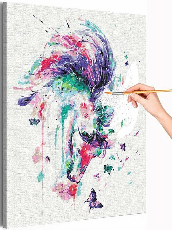 Радужный конь и бабочки Раскраска картина по номерам на холсте с неоновой краской 40х50