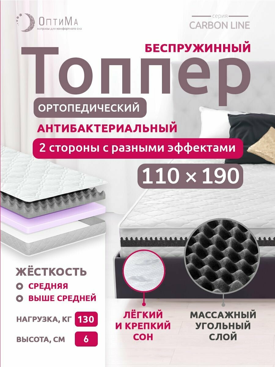 Топпер матрас 110х190 см, ОптиМа, Ортопедический, Беспружинный, высота 6 см, с массажным эффектом