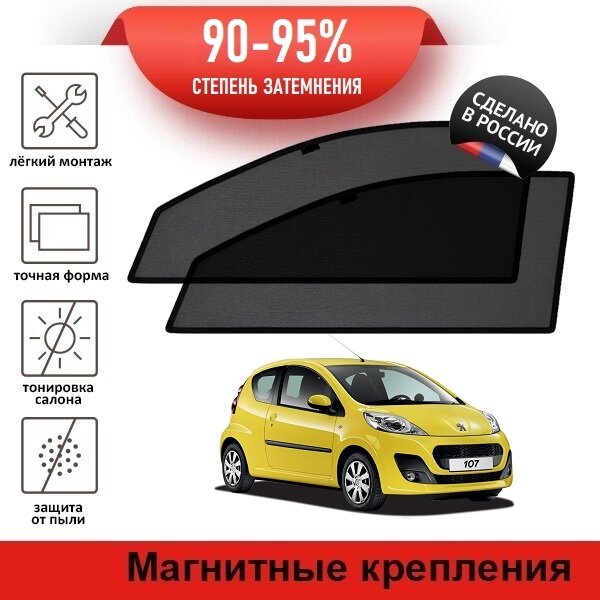 Каркасные шторки LATONIK PREMIUM на Peugeot 107, 2 рестайлинг (2012-2015) хэтчбек 3d на передние двери на магнитах с затемнением 90-95%