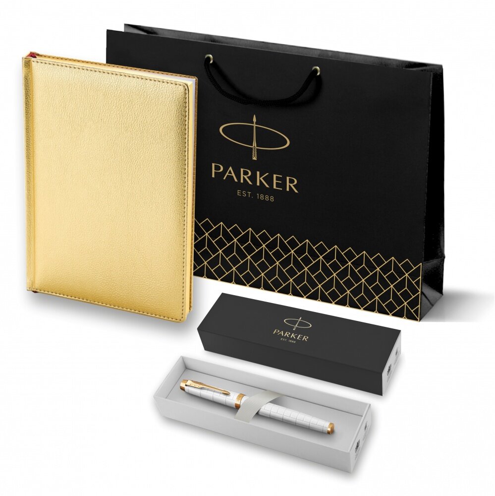 Подарочный набор: Ручка перьевая Parker IM Premium F318 Pearl GT и золотистый ежедневник с золотым срезом 2143649