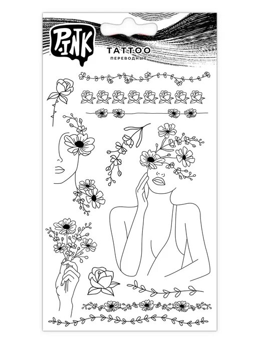 Priority Наклейки-тату переводные 20 х 10 см ПИНК-13 Девушка с цветами стиль тату