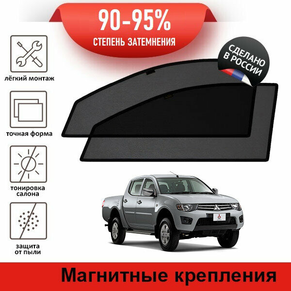 Каркасные шторки LATONIK PREMIUM на Mitsubishi L200 4 рестайлинг (2013-2016) пикап на передние двери на магнитах с затемнением 90-95%