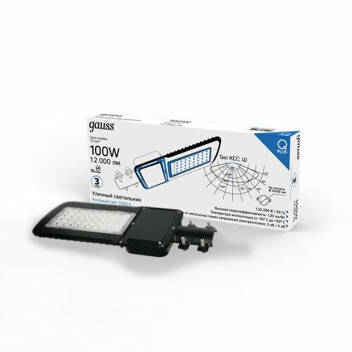 Консольный светильник Gauss Qplus 100W 12000lm 5000K 120-260V IP65 455*180*49мм черный КСС "Ш" LED 1/4