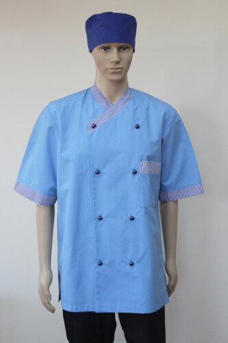 Китель поварской размер 50 голубой с отделкой синяя полоска (смешанная ткань)