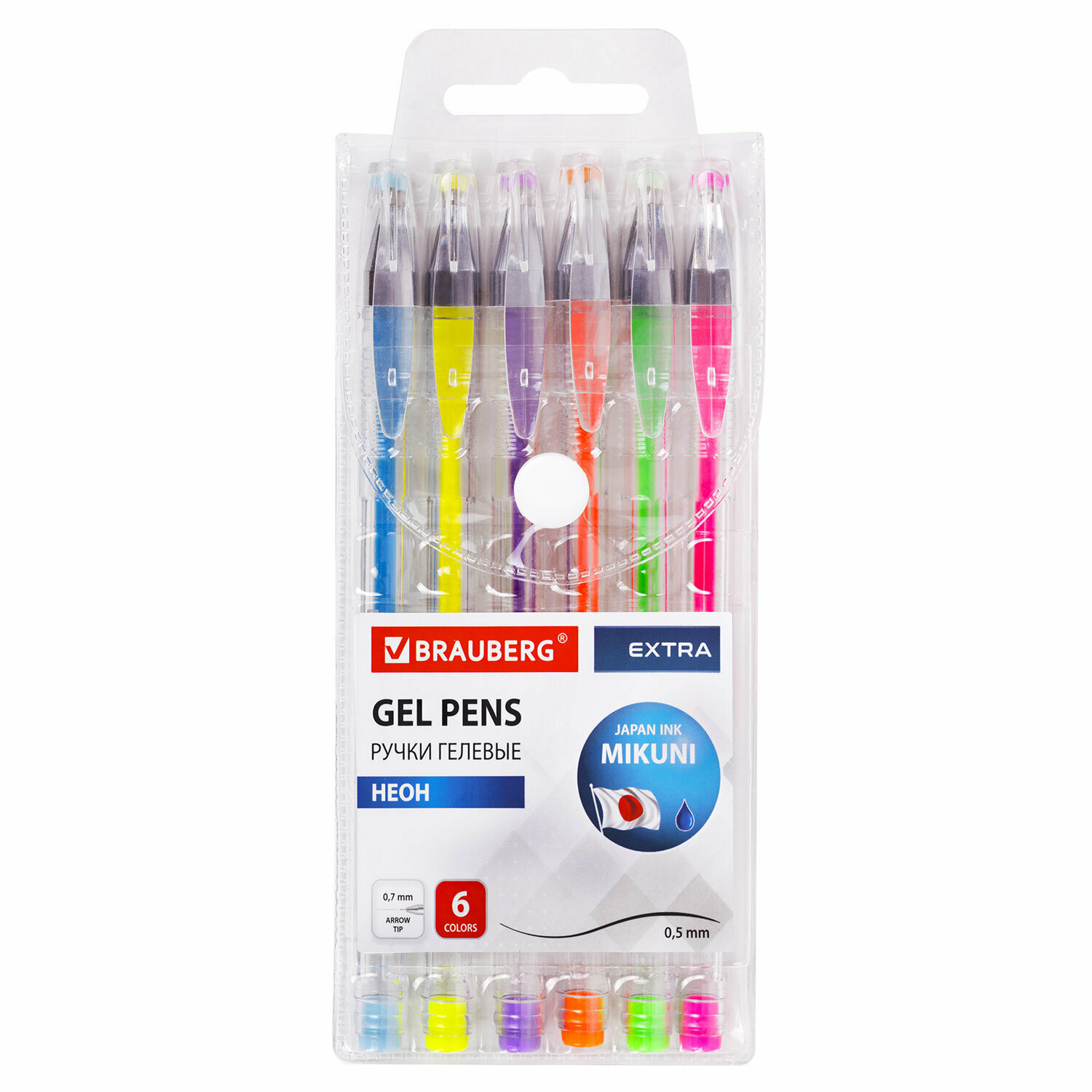Ручки гелевые неон BRAUBERG "EXTRA", набор 6 цветов, узел 0,7 мм, линия 0,5 мм, 143911