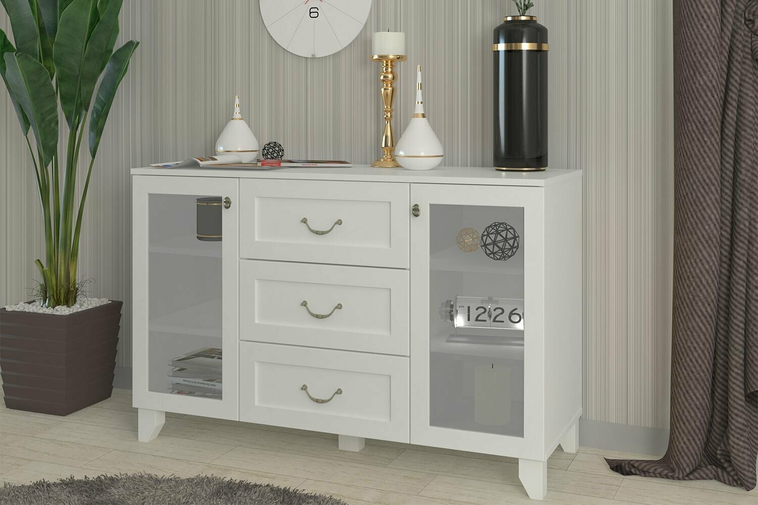 Комод Ренди 9МС 120х40х80 белый, рамка квадро МДФ, стекло, ножка №3