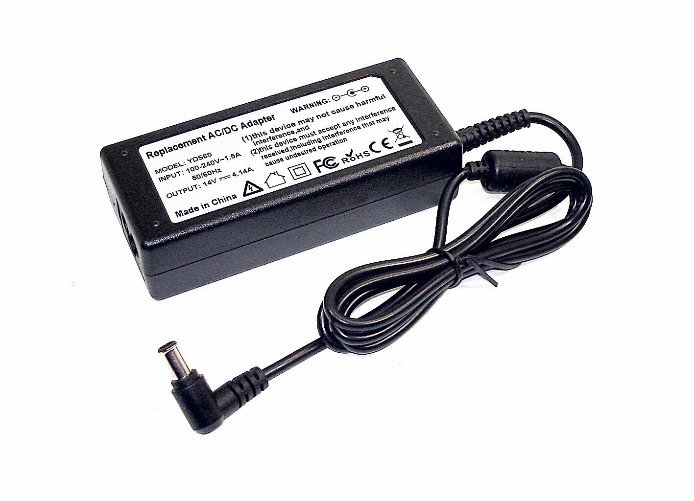 Блок питания (сетевой адаптер) для монитора и телевизора 14V 4.14A 58W 6.5x4.4 мм с иглой OEM черный, с сетевым кабелем