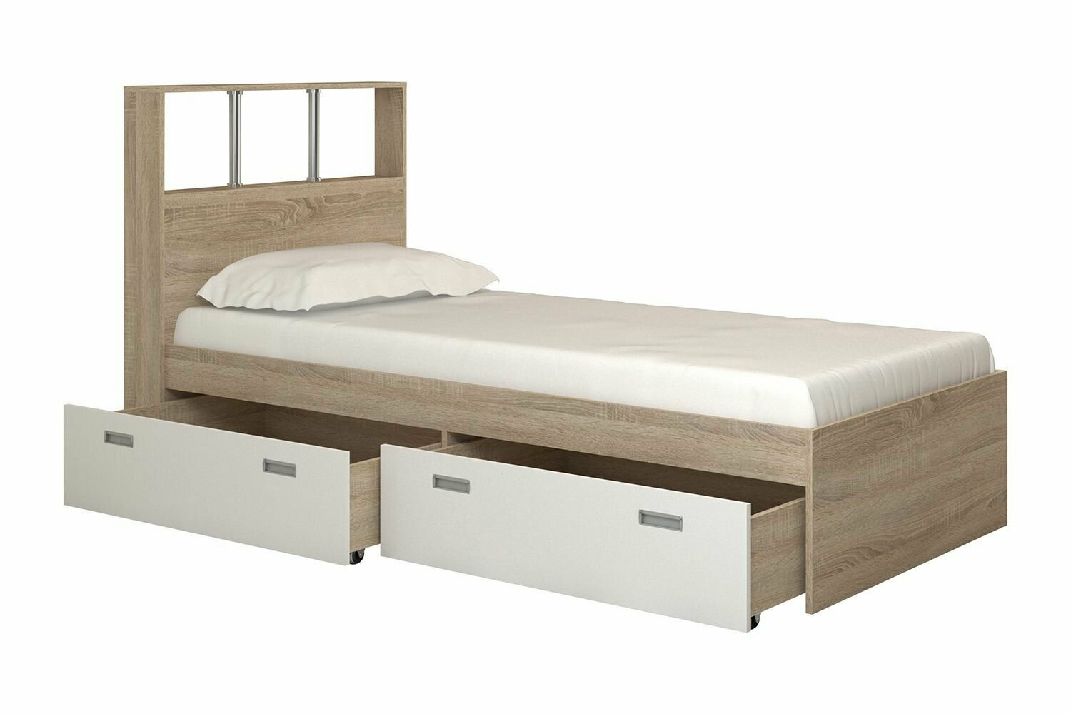 Кровать односпальная МногоМеб Бриз 6 90x200 с ящиками, дуб сонома/белый гладкий