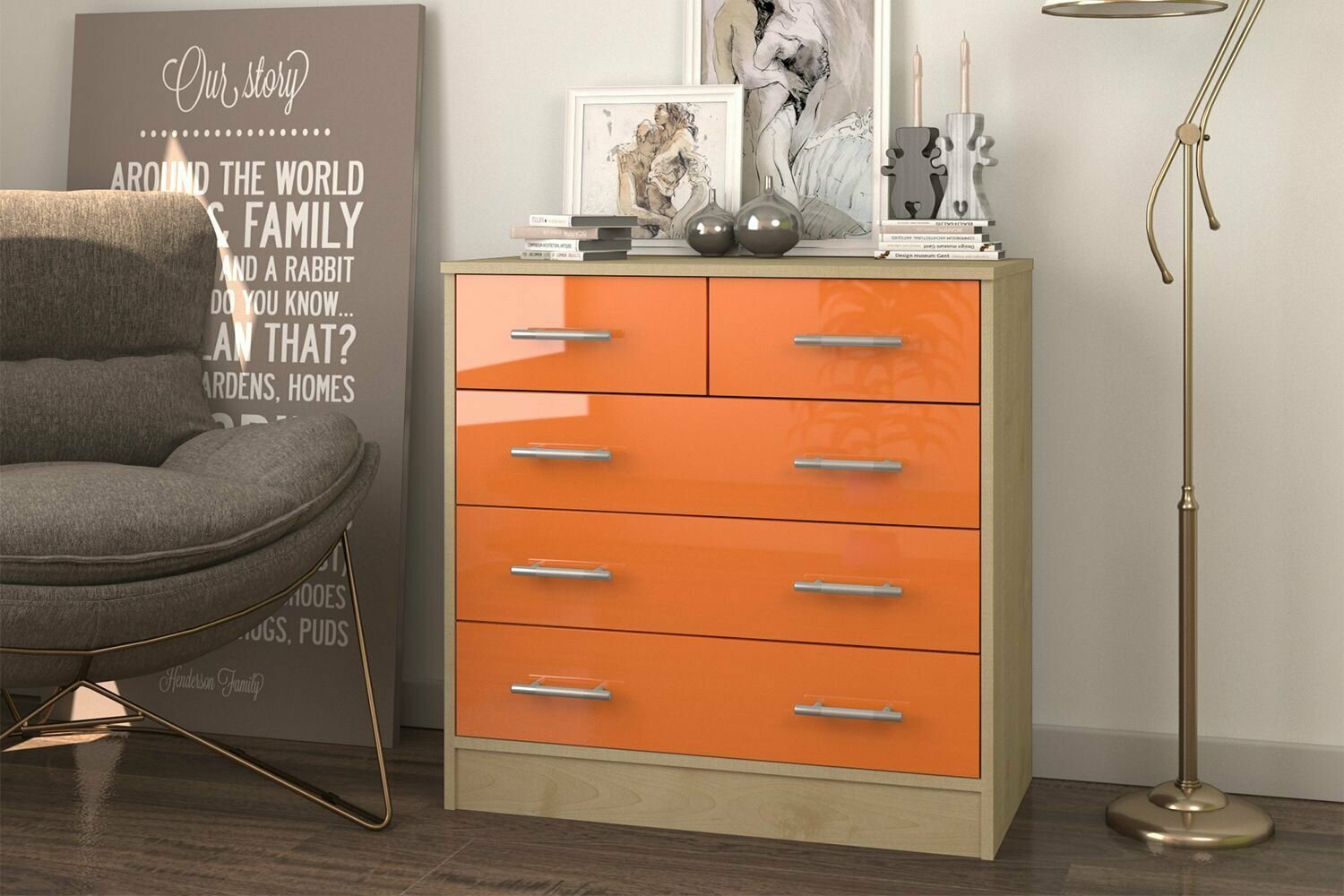 Комод для одежды Ричард 4 80х42х80 МДФ глянец оранжевый DM208-6T, корпус клен танзау, 5 ящиков