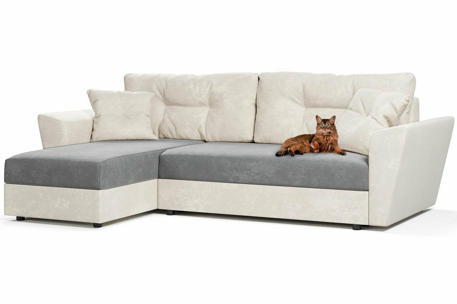 Угловой диван Амстердам еврокнижка, серый и бежевый велюр Кабрио, подушки бежевые, левый угол