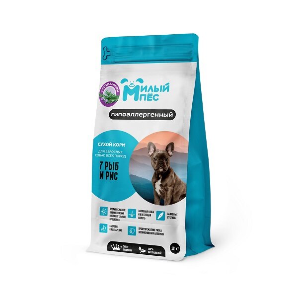 Милый Пёс Сухой корм для собак Гипоаллергенный, 7 Рыб и Рис, 12кг