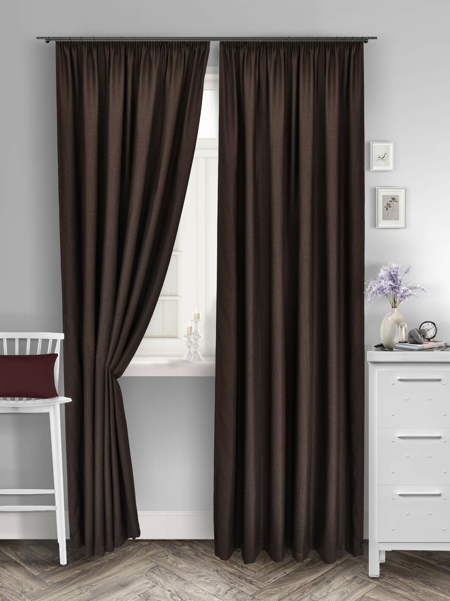 Комплект штор для комнаты блэкаут рогожка, две портьеры общей шириной 400 см и высотой 270 см, темно-коричневый цвет