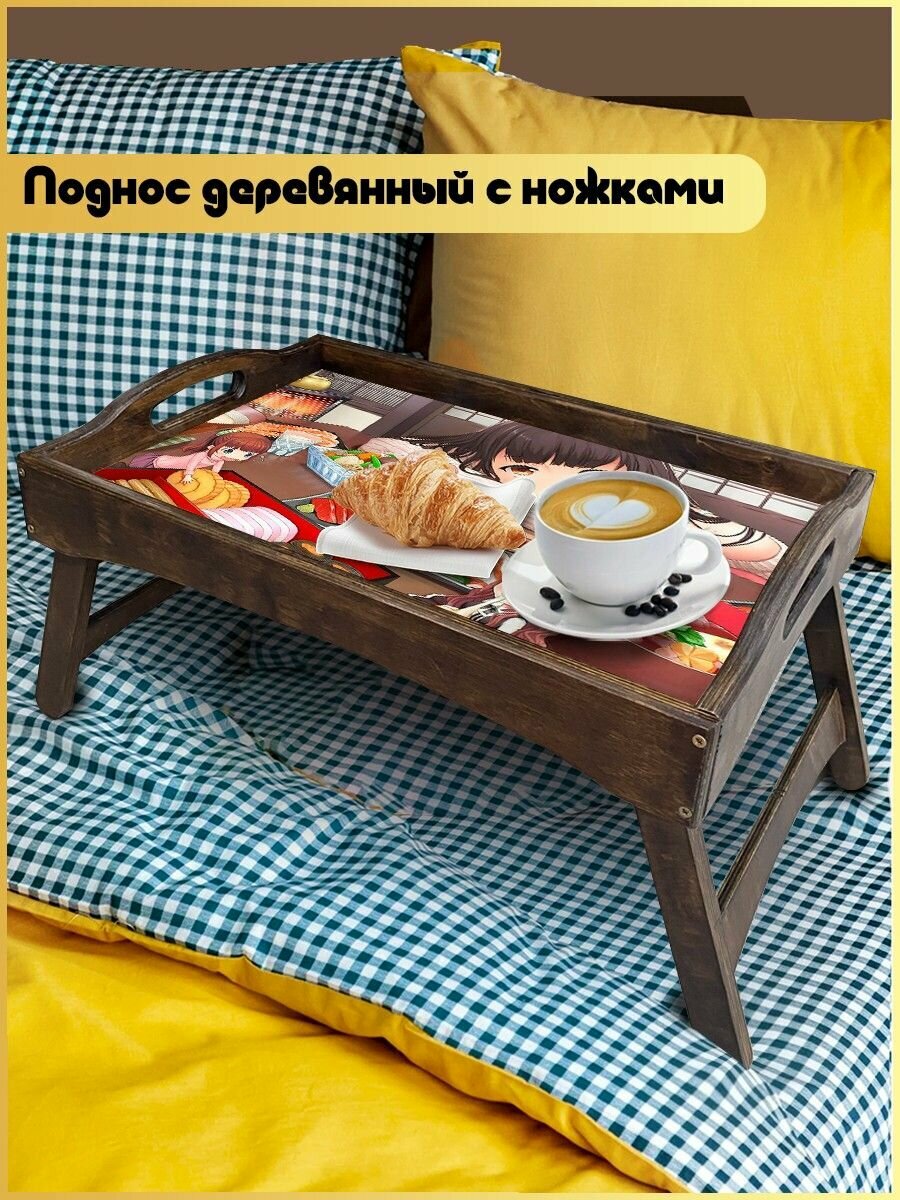 Деревянный поднос на ножках с рисунком еда - 187