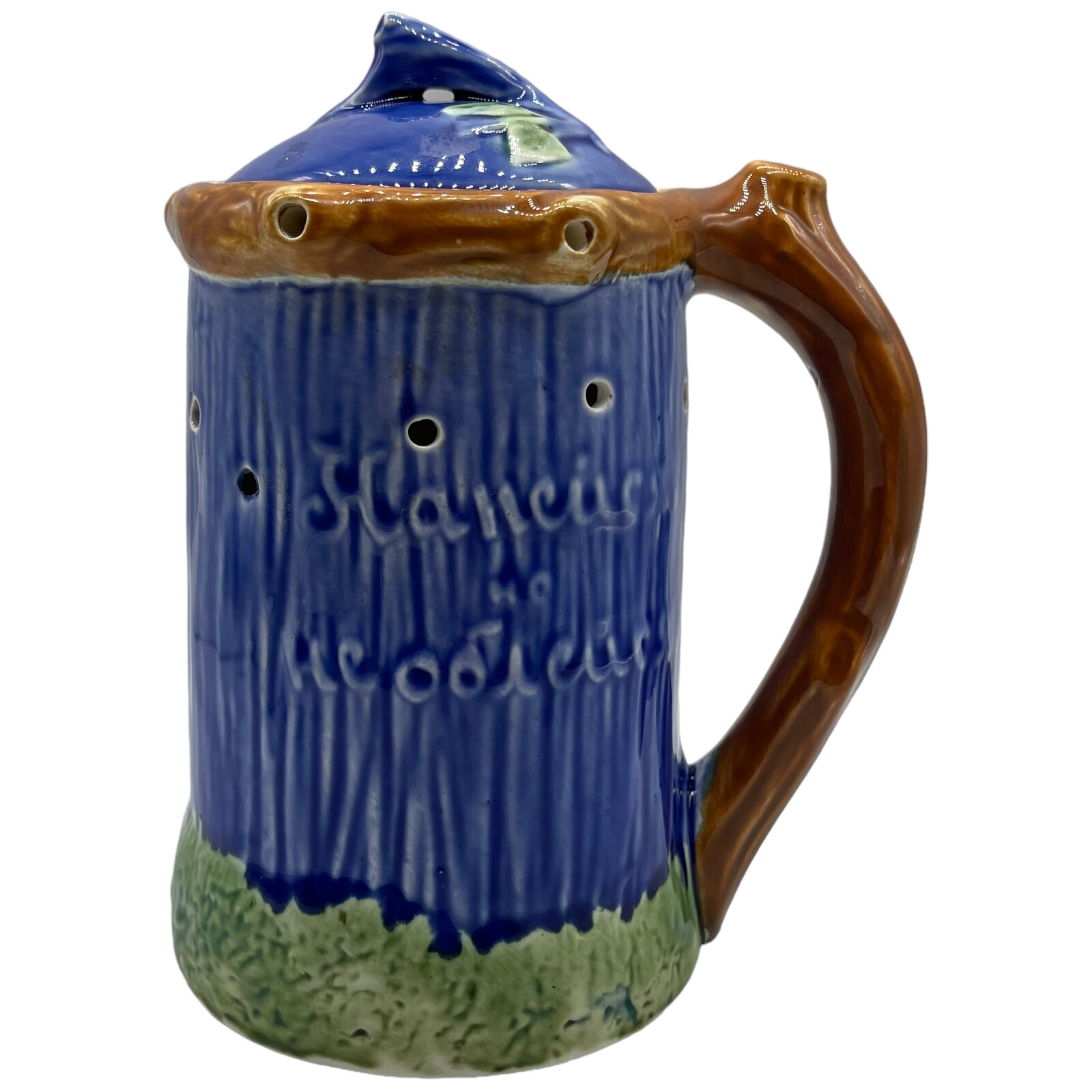 Кружка-шутиха "Напейся, но не облейся", синяя, фаянс, 1950-1970 гг, ЗиК, Конаково, СССР