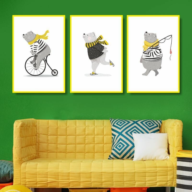 Набор постеров для интерьера Спортивный Медведь для детской Вертикальный 50х70 см в тубусе ПолиЦентр, 3 шт