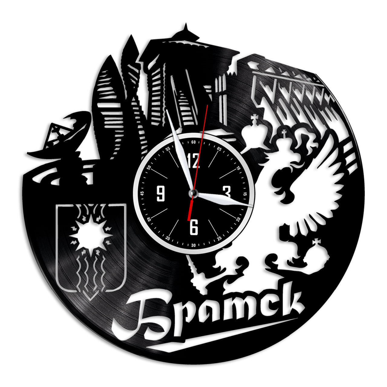 Братск - настенные часы из виниловой пластинки, диаметр 30 см