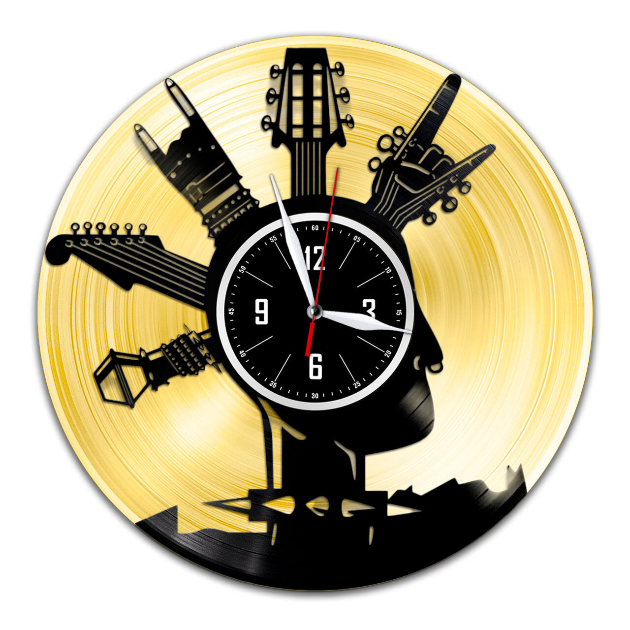 Рок-музыка - настенные часы из виниловой пластинки (с золотой подложкой)