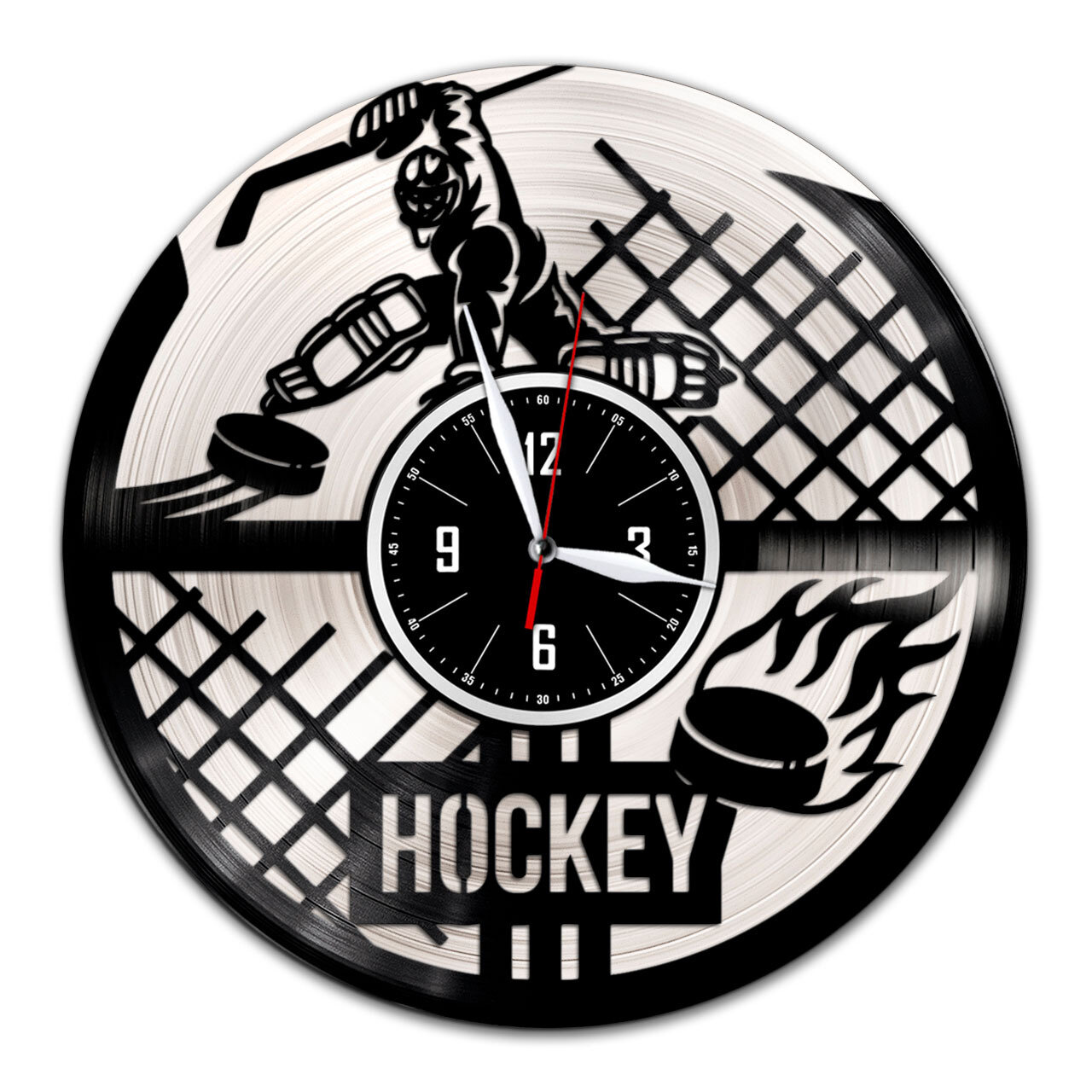Хоккей - настенные часы из виниловой пластинки (с серебряной подложкой)