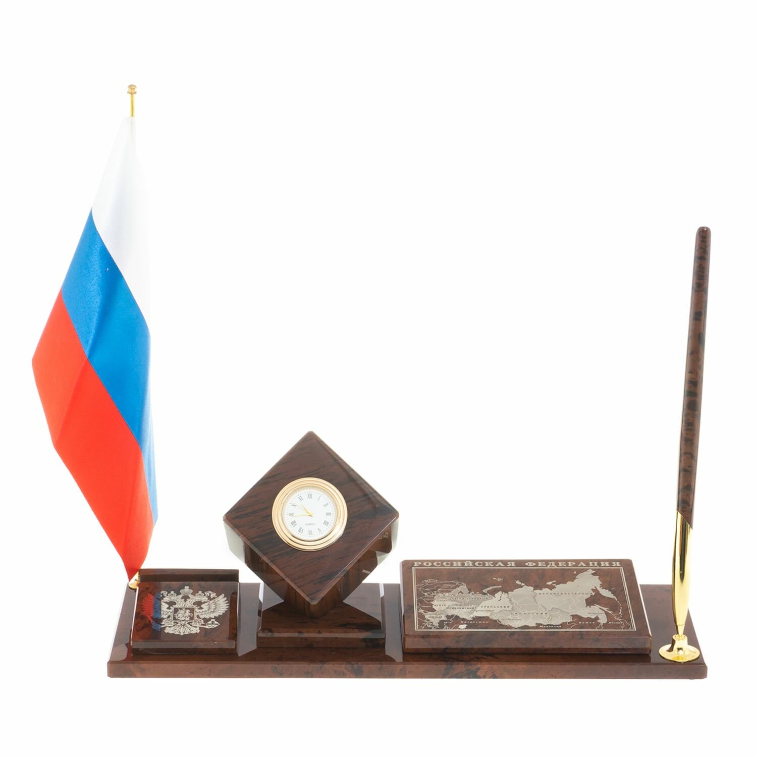 Письменный набор "Куб с картой РФ" камень обсидиан 122376