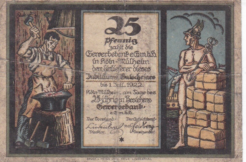 Германия (Веймарская Республика) Кёльн-Мюльхайм 25 пфеннигов 1922 г.