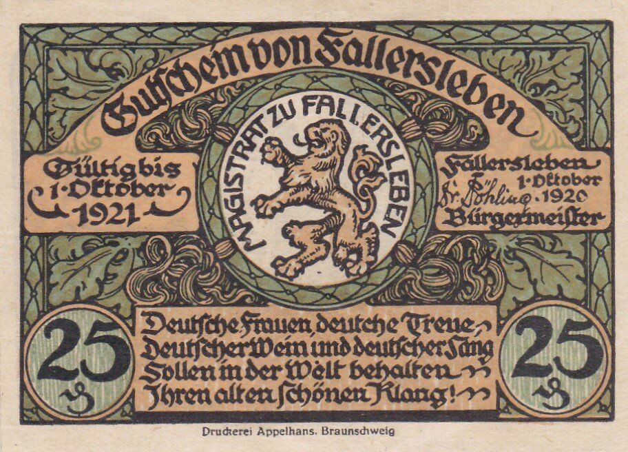 Германия (Веймарская Республика) Фаллерслебен 25 пфеннигов 1920 г. (2)