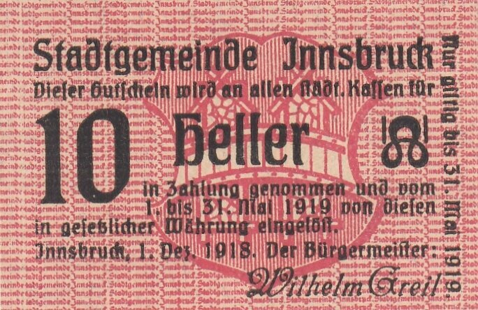 Австрия, Инсбрук 10 геллеров 1918 г.