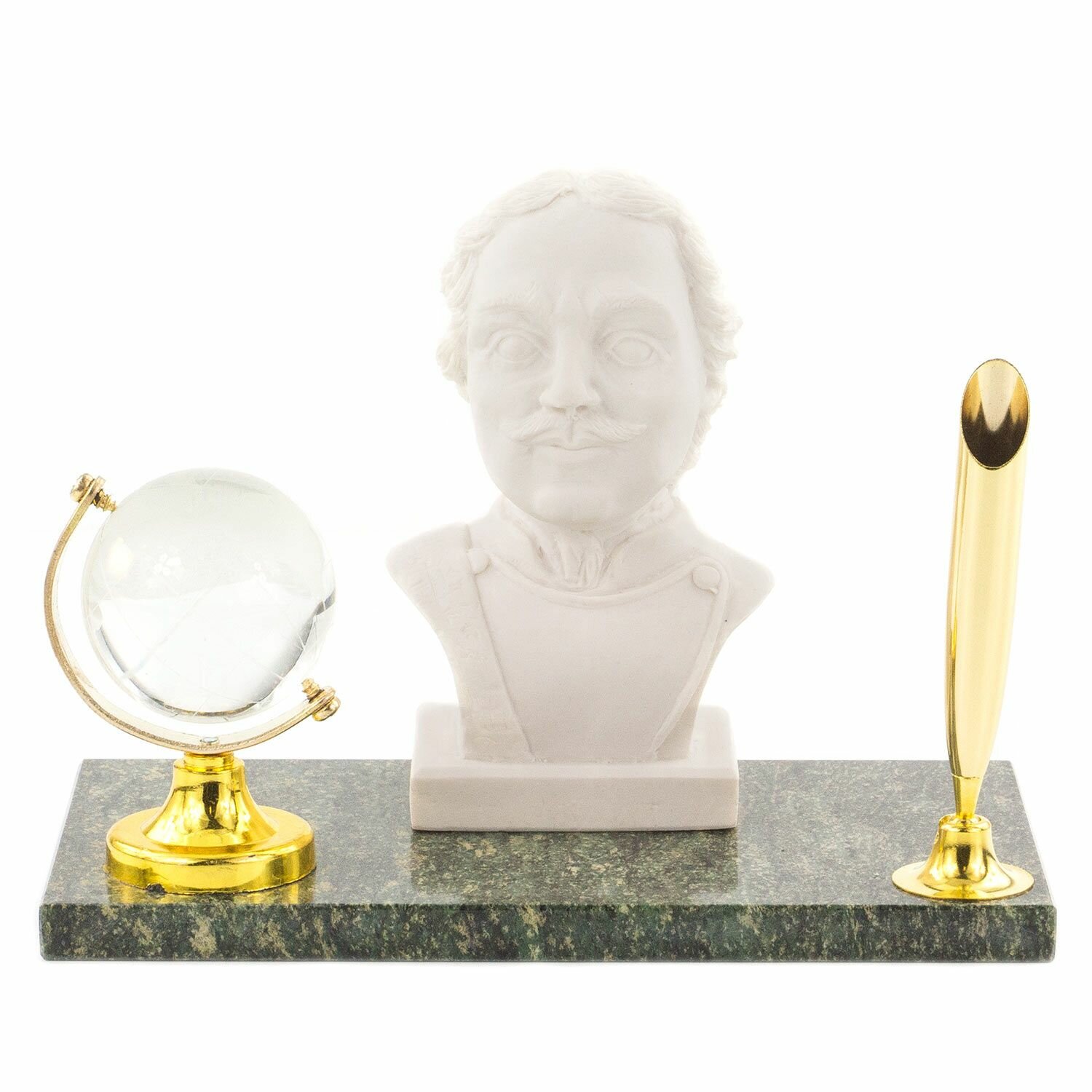 Подставка под ручку "Бюст Петр I" мрамолит змеевик 120202