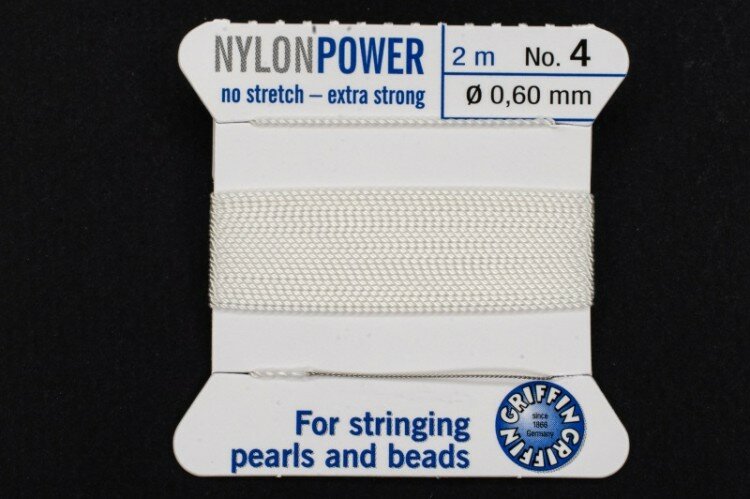 Нить для жемчуга и бисера Griffin с иглой, диаметр 0,6мм, длина 2м, цвет белый, 1030-195, 1шт