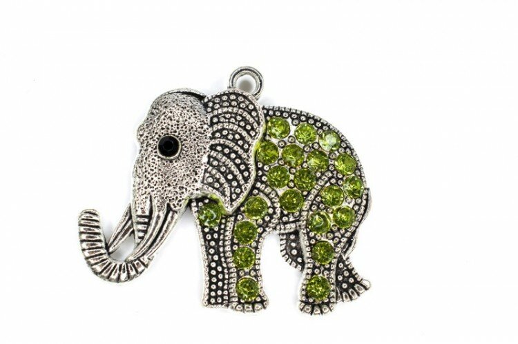 Подвеска Слон со стразами 43х51х5,5мм, отверстие 3,5мм, цвет античное серебро/зеленый, сплав металлов, 22-212, 1шт