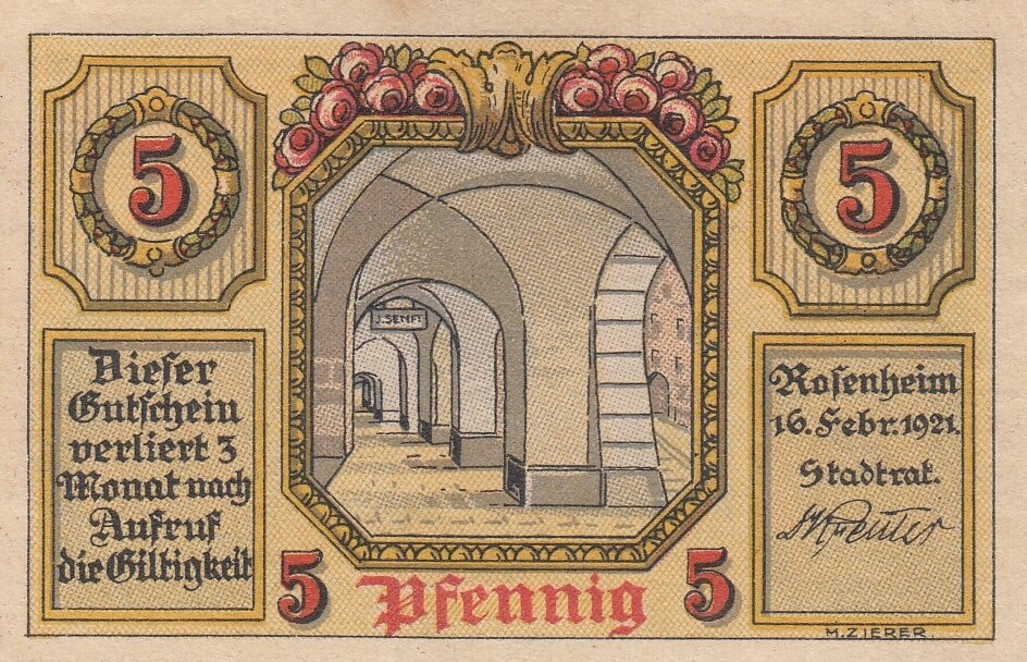Германия (Веймарская Республика) Розенхайм 5 пфеннигов 1921 г. (2)