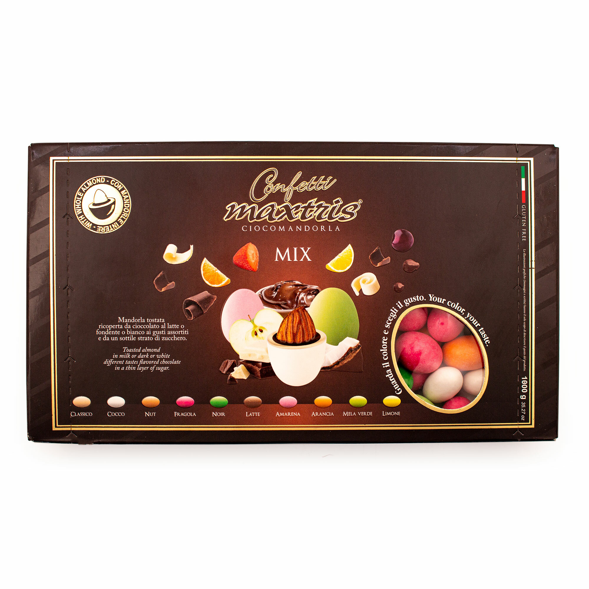 Миндаль в белом, темном и молочном шоколаде и ореховым кремом джандуйя с фруктовыми вкусами MIX, MAXTRIS, 1 кг (черная коробка)