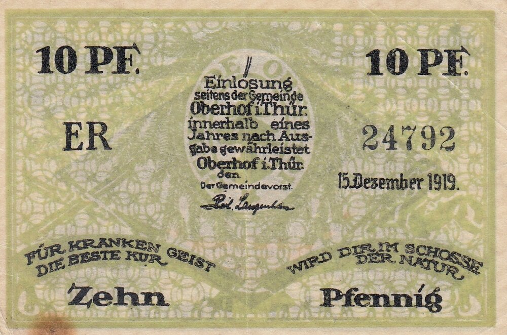 Германия (Веймарская Республика) Оберхоф 10 пфеннигов 1919 г. (ER)