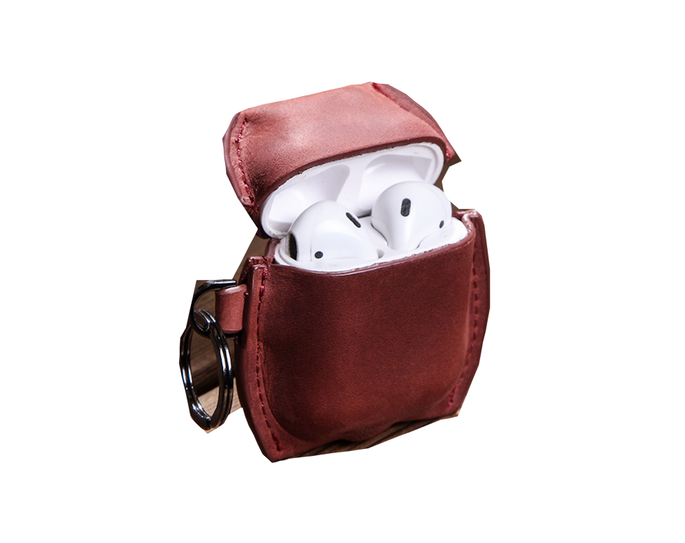Чехол MyPads Premium A139-578 для Apple AirPods 1 и 2 из качественной импортной натуральной кожи c кольцом для ключей и брелков Красного цвета