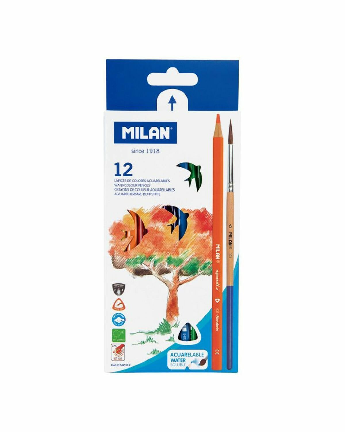 Набор акварельных карандашей MILAN трехгранные 12 цветов + кисть в картонной упаковке