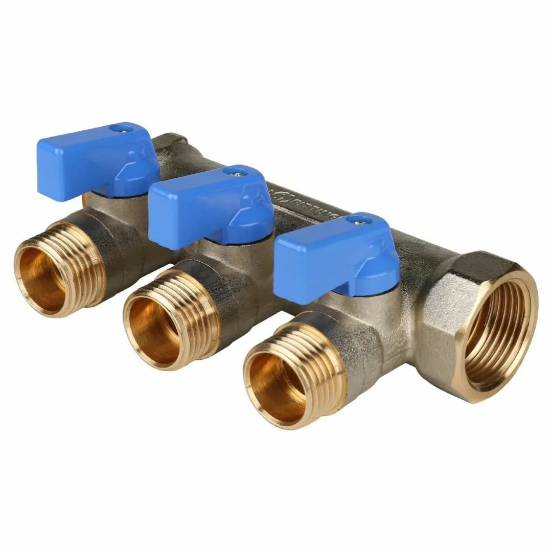 Коллектор с кранами и прокладкой O-Ring 3/4" STOUT 3 выхода 1/2", синие ручки