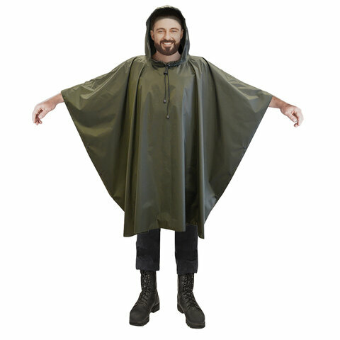 Дождевик пончо хаки на кнопках многоразовый с ПВХ покрытием и мешком для хранения грандмастер, 610882