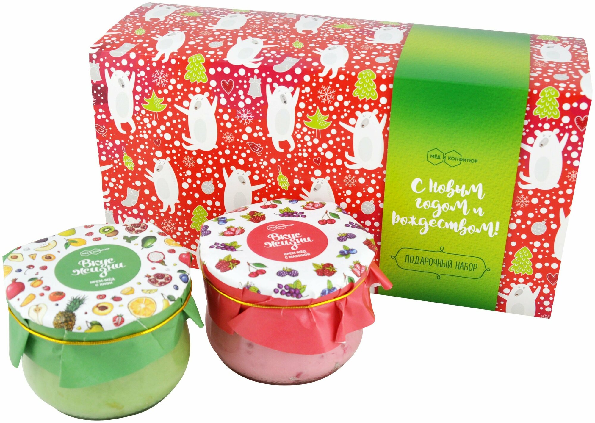 Подарочный набор "С Новым Годом и Рождеством Медведи" мёд с киви, с малиной твист-офф и ложечка медовая