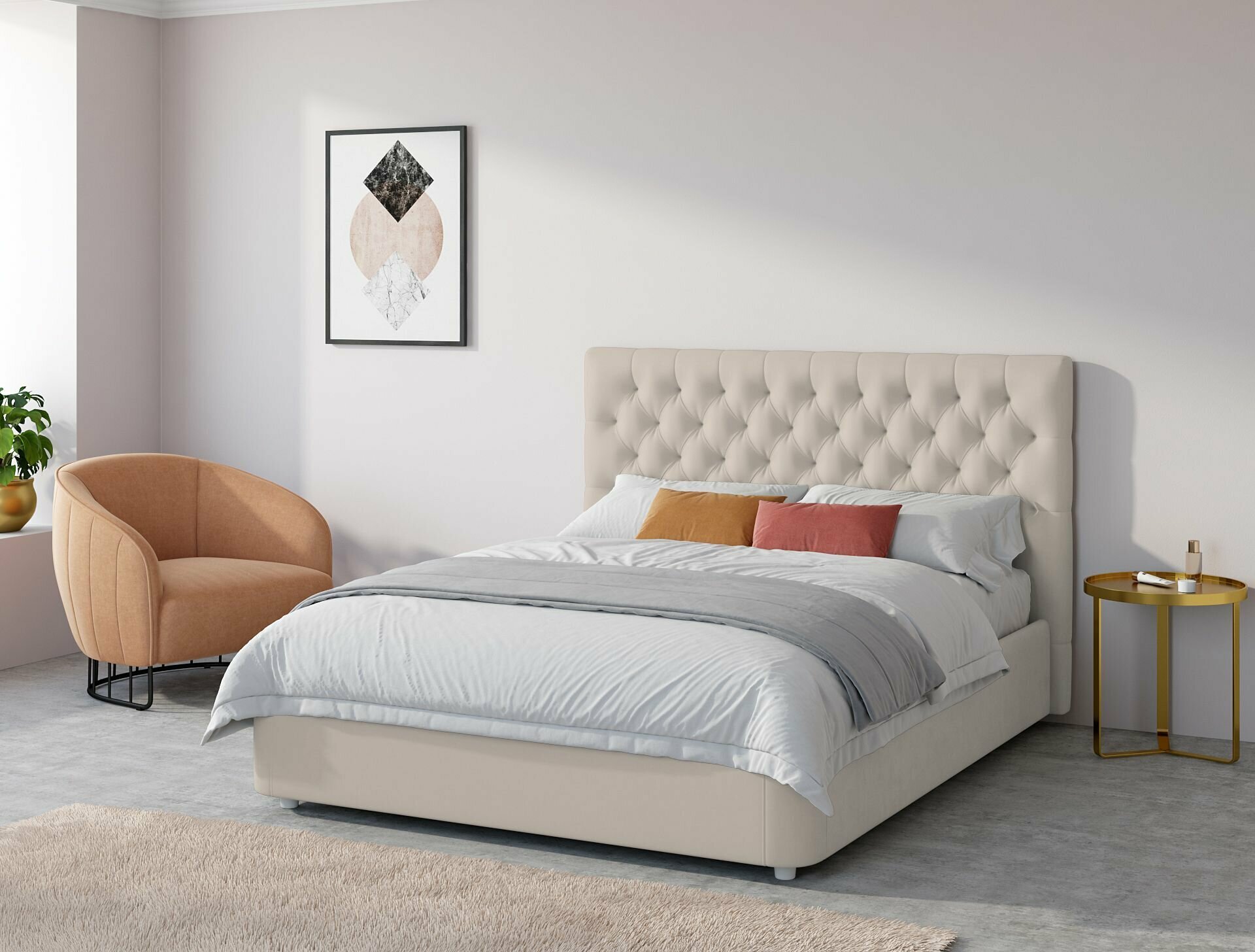 Двуспальная кровать 120х200, "Libery" с мягким изголовьем для дома, для спальни, ортопедическое основание. Велюр Молочный (без подъёмного механизма) Teddy 004