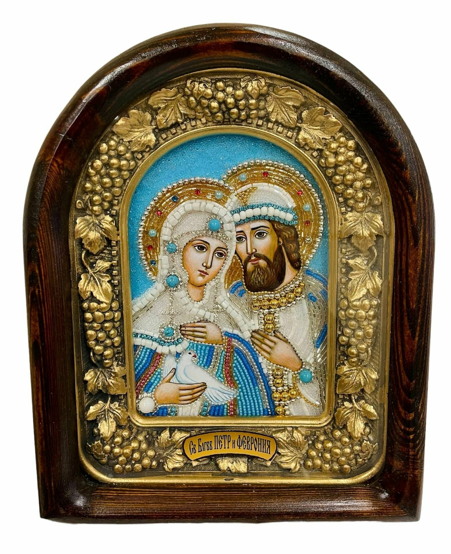 Икона Дивеевская Петр и Феврония Муромские, Благоверные Князья, из бисера, ручная работа, 18х23 см