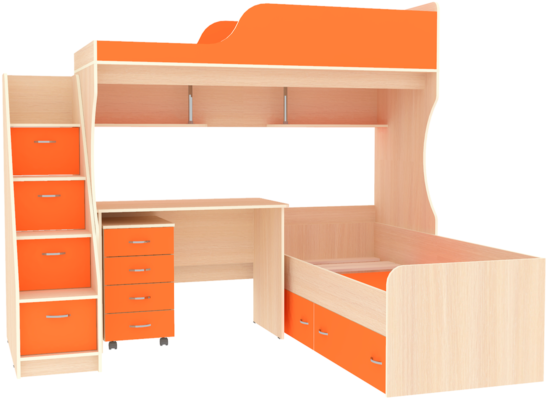Двухъярусная кровать Дуэт-5 с лестницей комодом Дуб Молочный Оранжевый