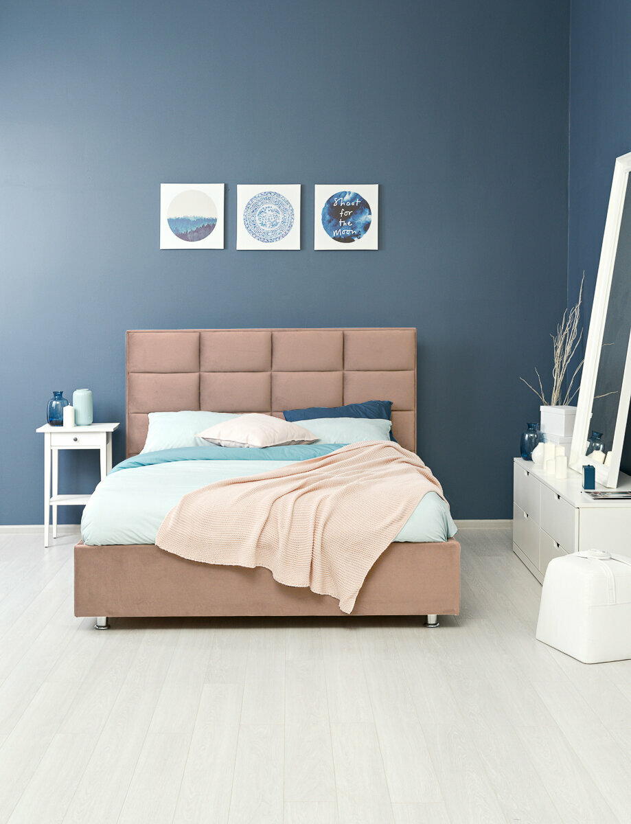 Двуспальная кровать 140х200, "Chocolate" с мягким изголовьем для дома, для спальни, ортопедическое основание. Велюр Пудровый (без подъёмного механизма) Teddy 026