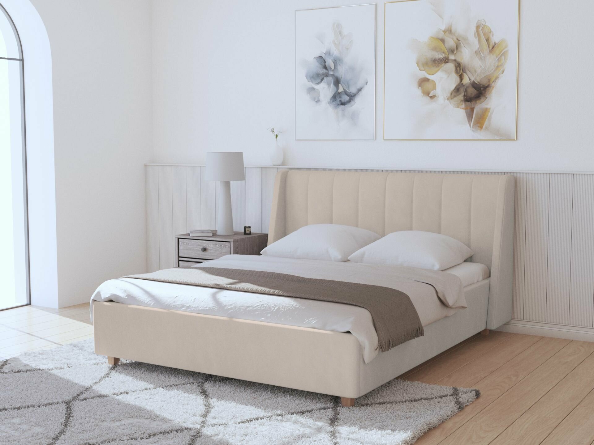 Двуспальная кровать 120х200, "Inga" с мягким изголовьем для дома, для спальни, ортопедическое основание. Велюр Молочный (без подъёмного механизма) Teddy 004