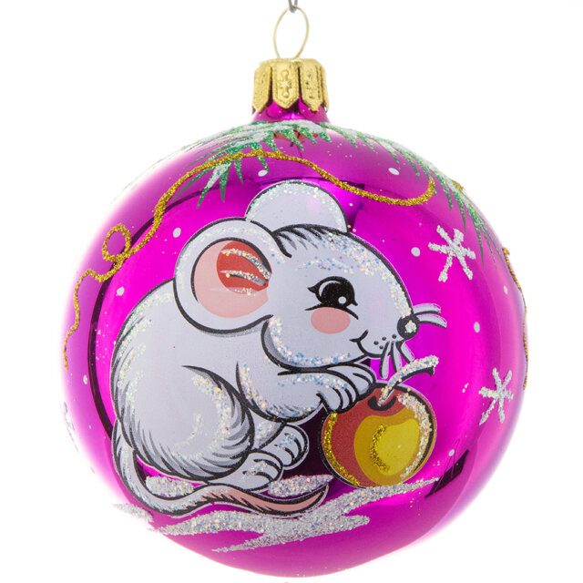 Стеклянный елочный шар Зодиак - Мышка Норушка 7 см розовый, Фабрика Елочка, С863-мышь-5-роз
