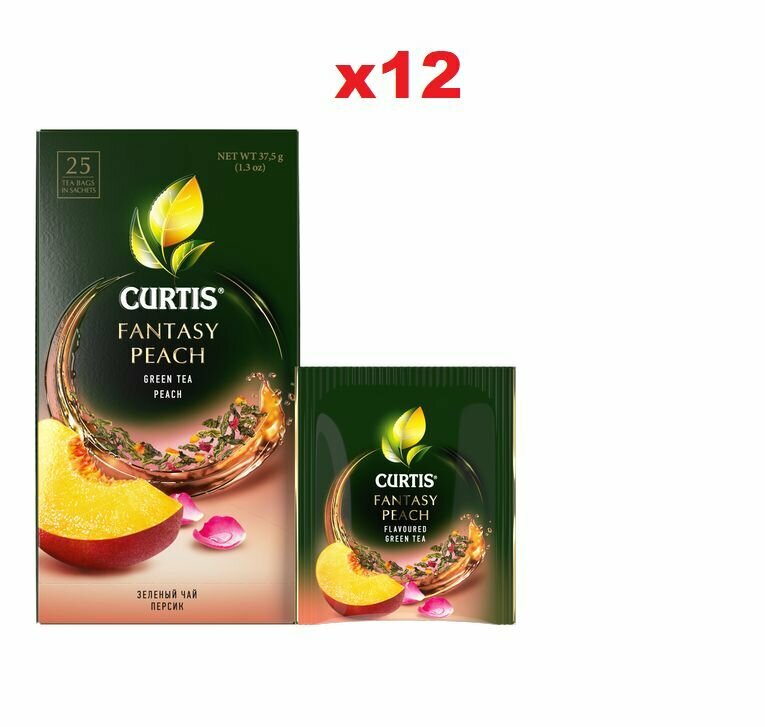 Чай зеленый "Curtis Fantasy peach" c ароматом персика, лемонграссом и лепестками розы 25 пак. 12 упаковок