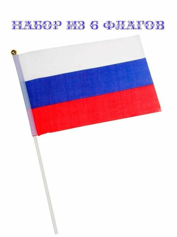 Флаг Триколор без герба 14х20 см с флагштоком набор 6 шт