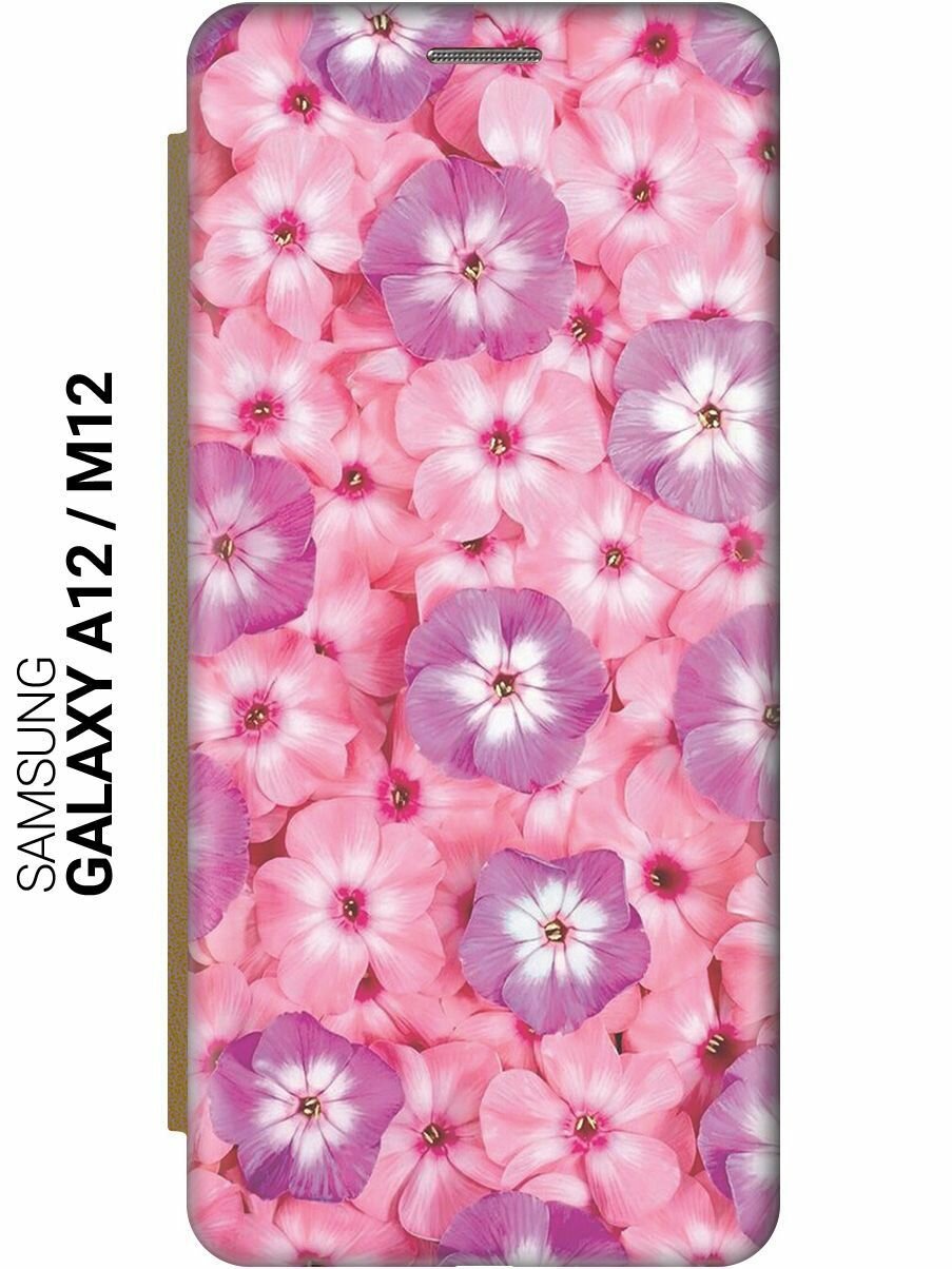 Чехол-книжка на Samsung Galaxy A12, M12, Самсунг А12, М12 c принтом "Розовые и фиолетовые филаки" золотистый