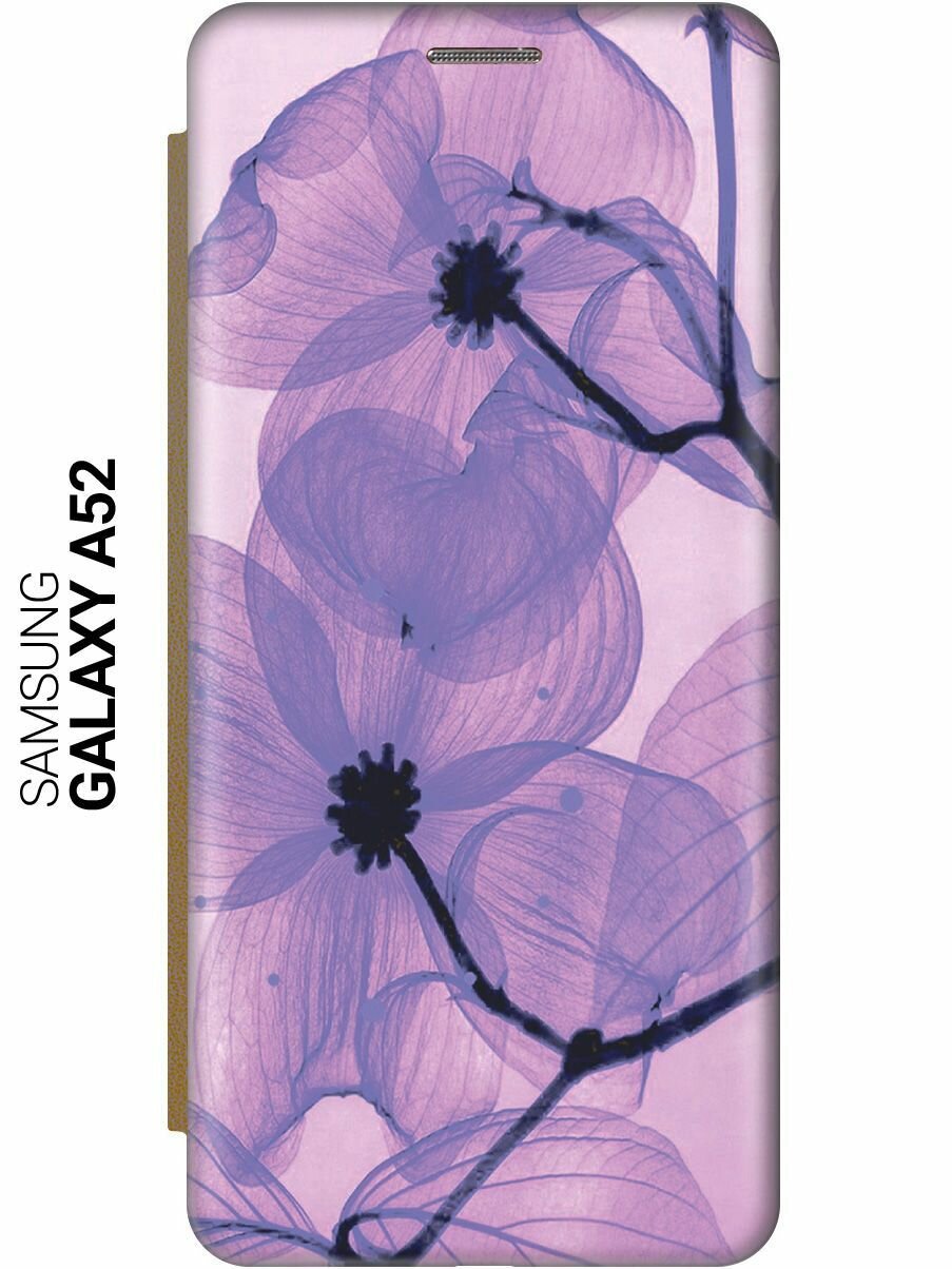Чехол-книжка на Samsung Galaxy A52, Самсунг А52 c принтом "Цветы в сиреневом" золотистый